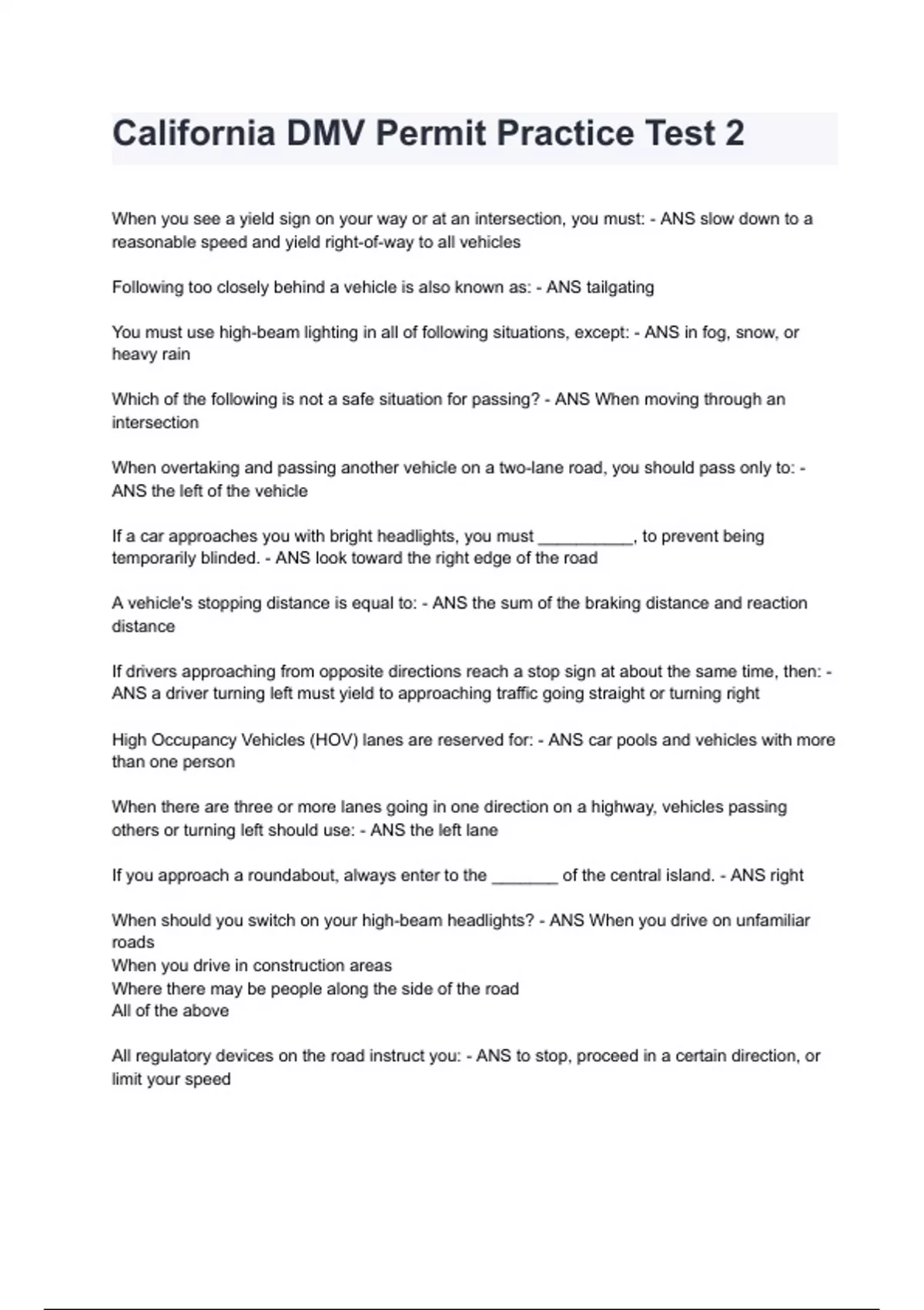 California DMV Permit Practice Test 2 Exam 2024/2025 Questions With ...