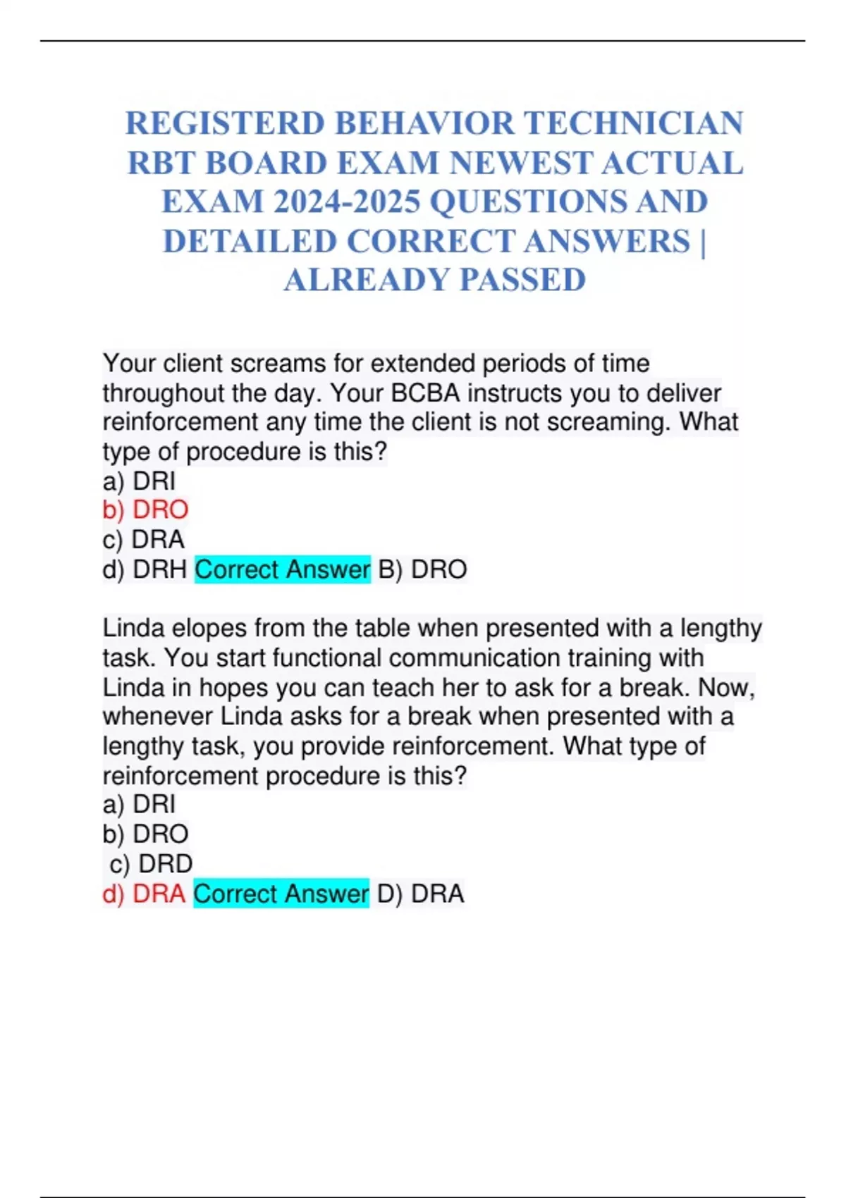 REGISTERED BEHAVIOR TECHNICIAN RBT BOARD EXAM NEWEST ACTUAL EXAM ...