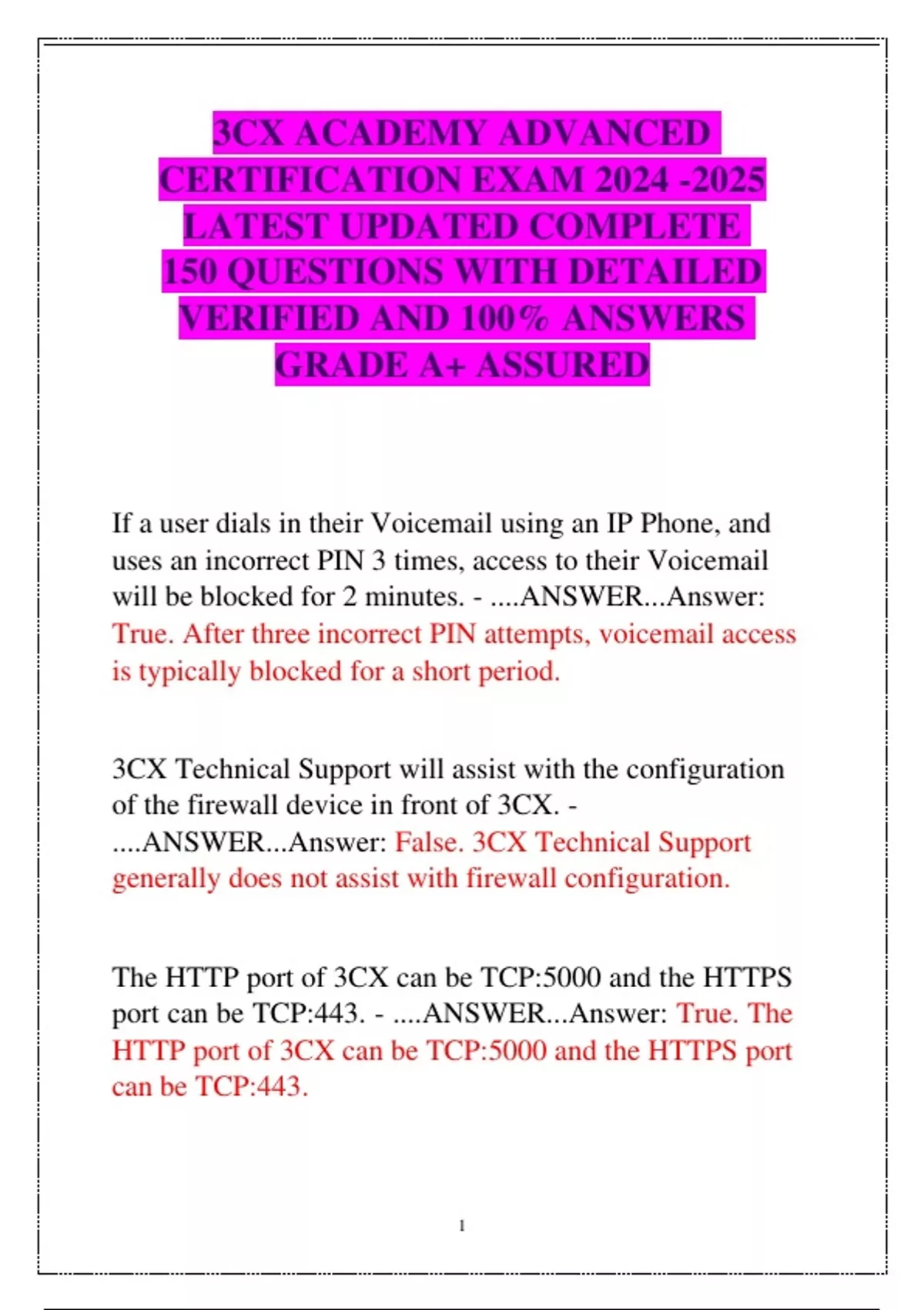 3CX ACADEMY ADVANCED CERTIFICATION EXAM LATEST UPDATED COMPLETE 150 ...