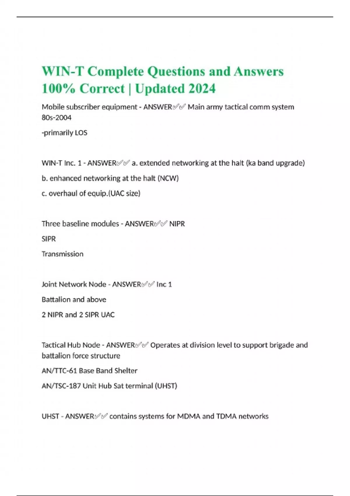 WIN-T Complete Questions and Answers 100% Correct | Updated 2024 ...