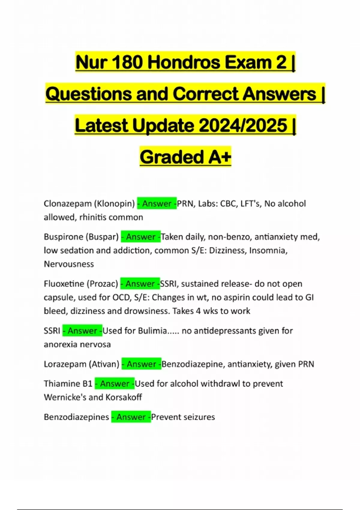 Nur 180 Hondros Exam 2 | Questions and Correct Answers | Latest Update ...