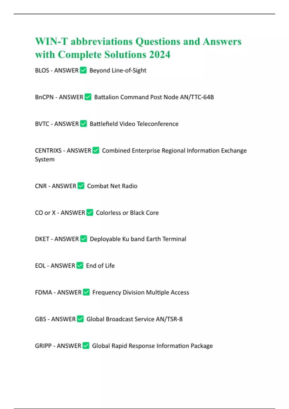 WIN-T abbreviations Questions and Answers with Complete Solutions 2024 ...