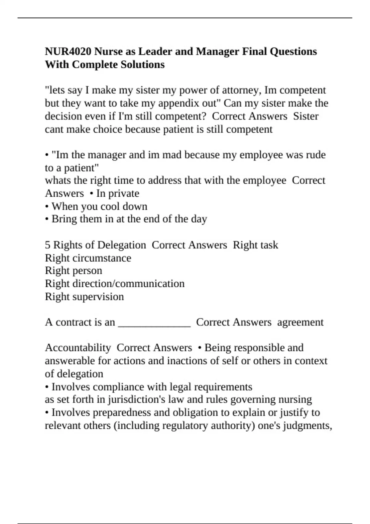 NUR4020 Nurse as Leader and Manager Final Questions With Complete ...