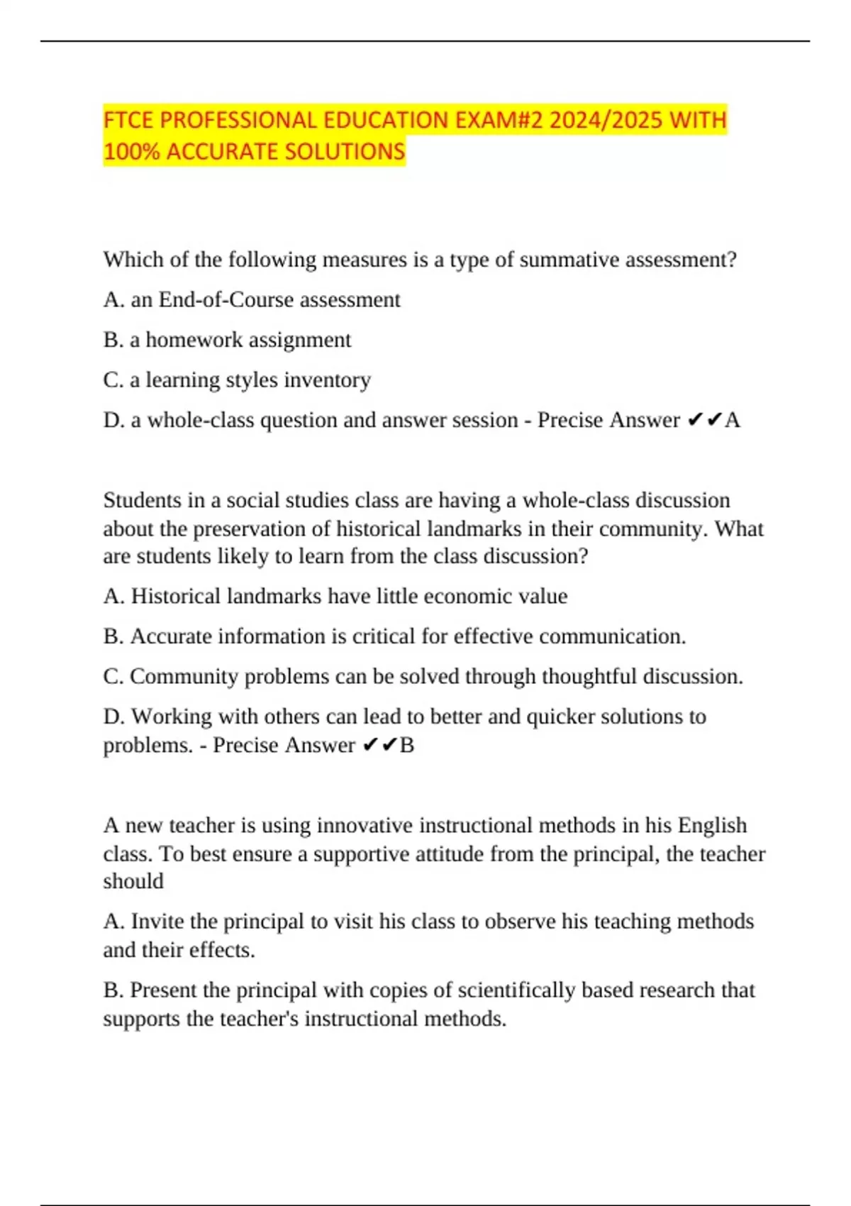 FTCE PROFESSIONAL EDUCATION EXAM#2 2024/2025 WITH 100% ACCURATE ...