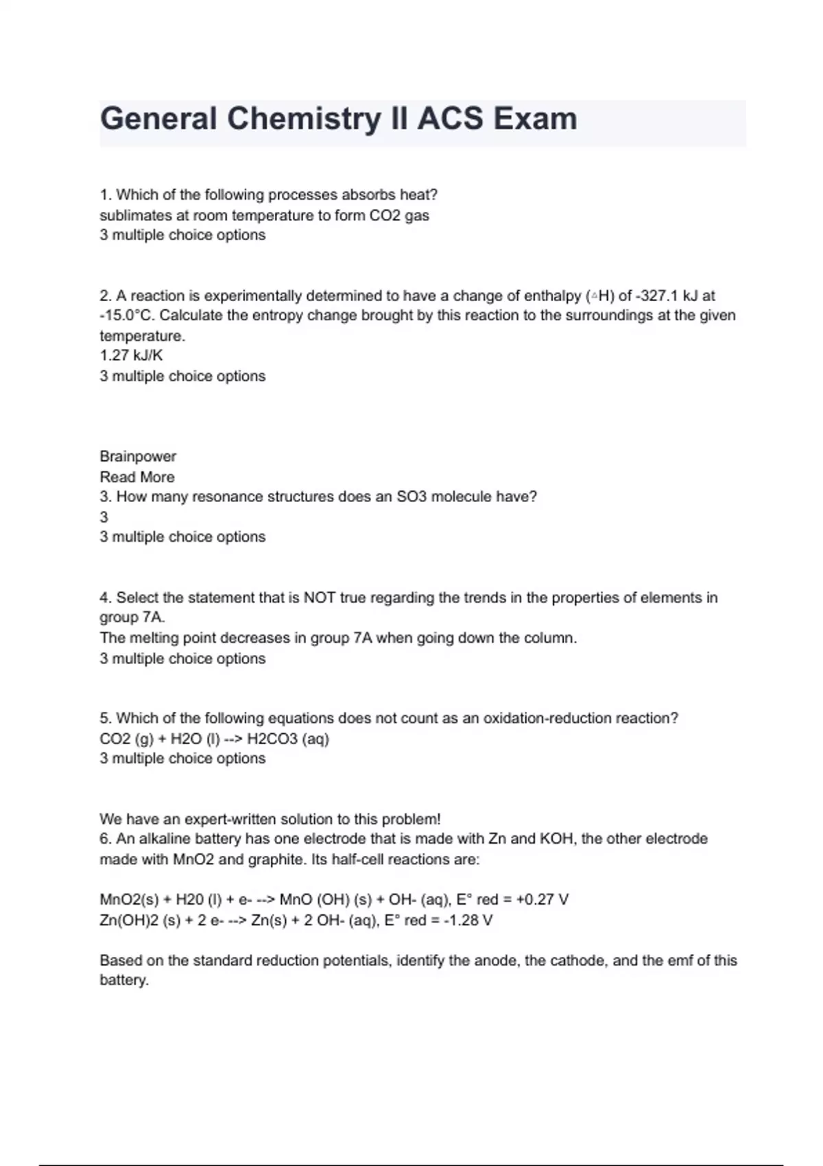 General Chemistry II ACS Exam 2024/2025 Questions With Completed ...