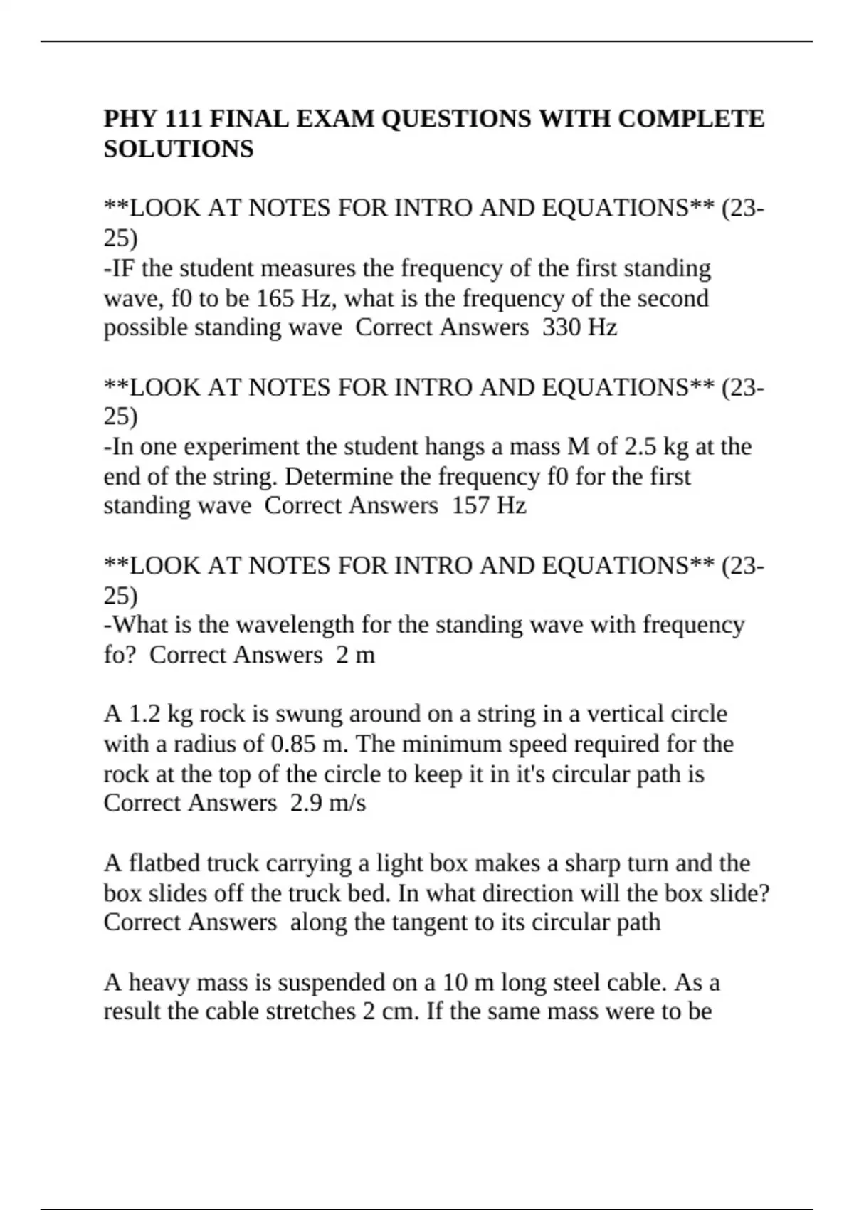 PHY 111 FINAL EXAM QUESTIONS WITH COMPLETE SOLUTIONS - PHY 111 - Stuvia US
