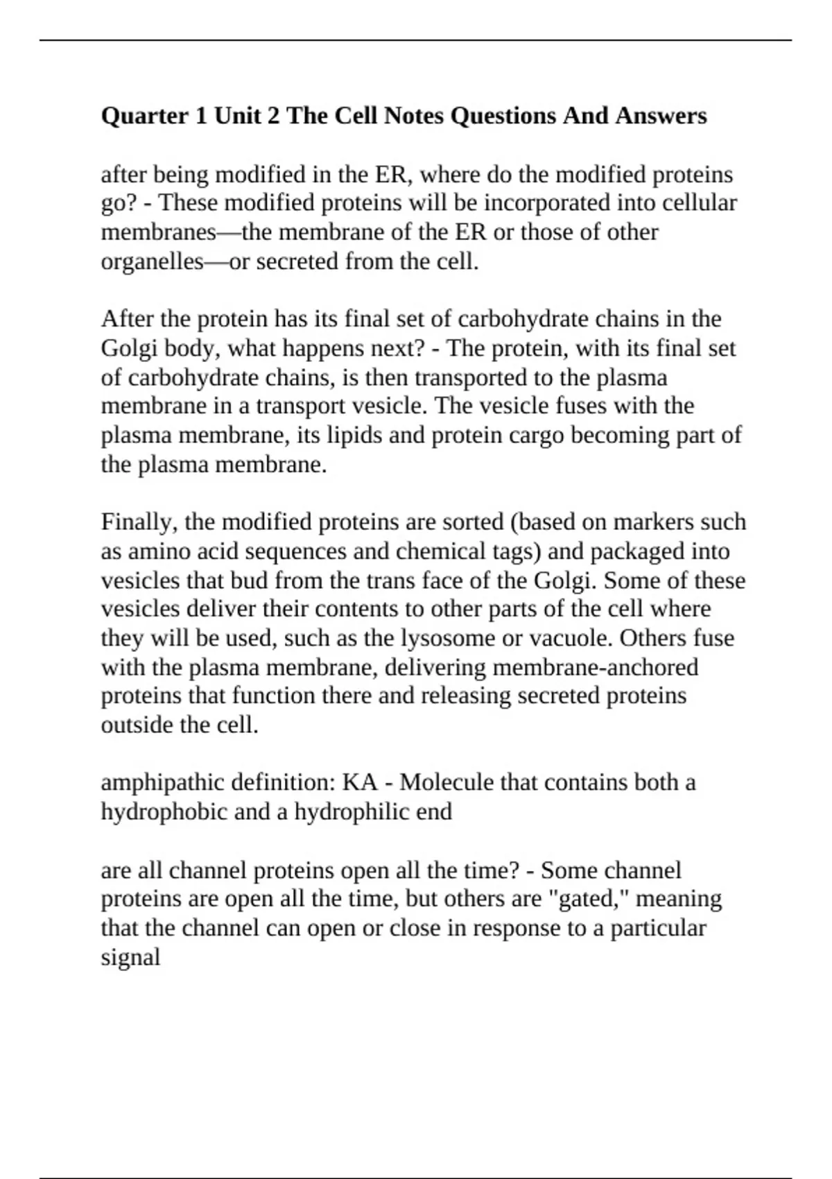 Quarter 1 Unit 2 The Cell Notes Questions And Answers - The Cell ...