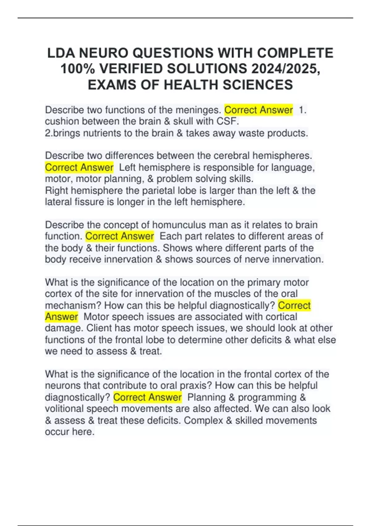 LDA NEURO QUESTIONS WITH COMPLETE 100% VERIFIED SOLUTIONS 2024/2025 ...
