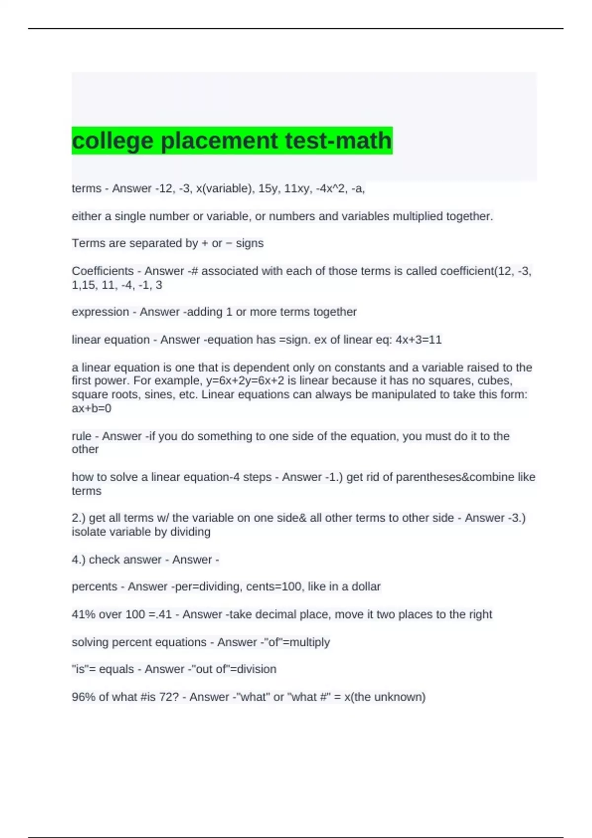 college placement test-math questions and answers - MATH PLACEMENT ...