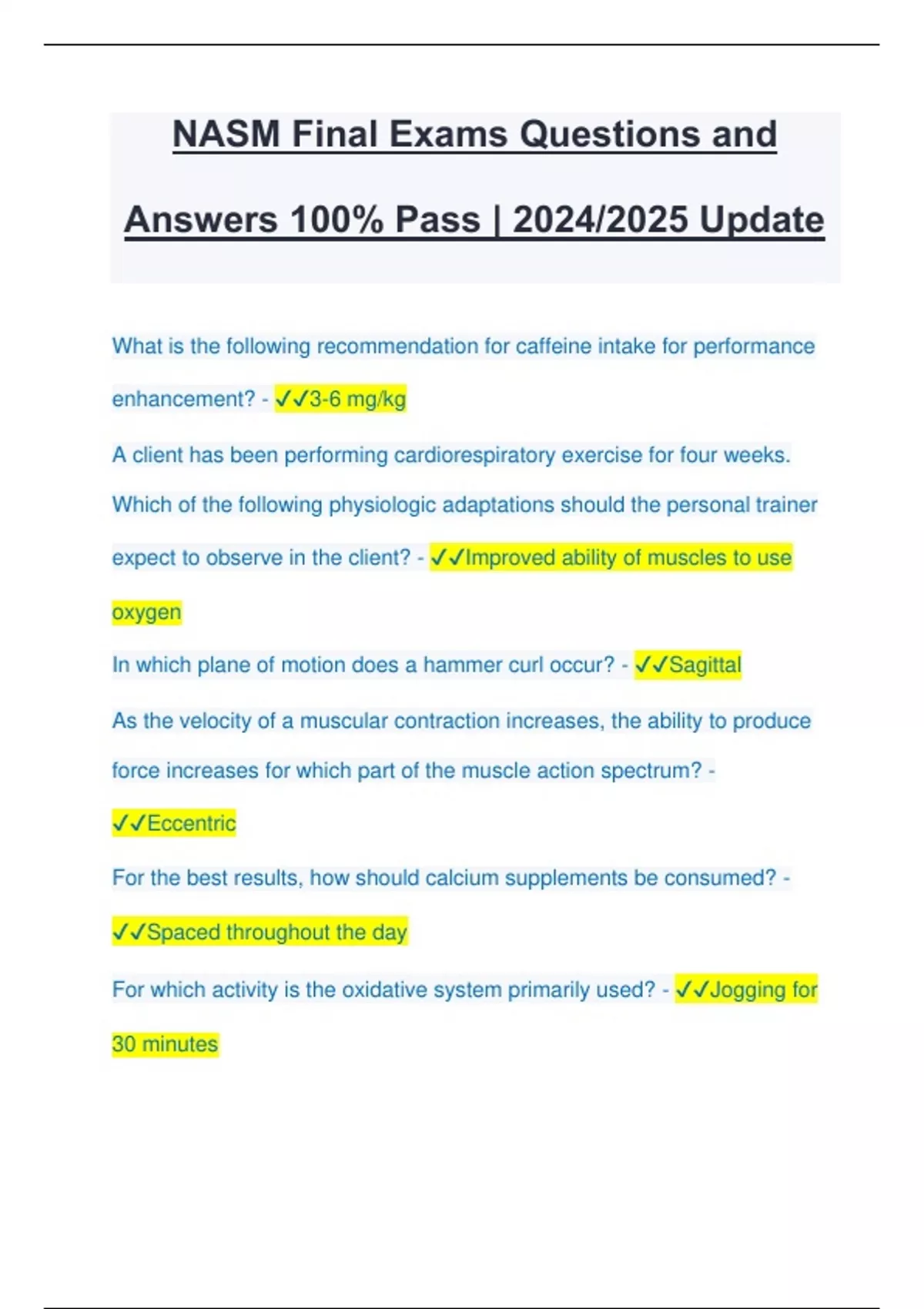 NASM Final Exams Questions and Answers 100% Pass | 2024/2025 Update - Nasm - Stuvia US