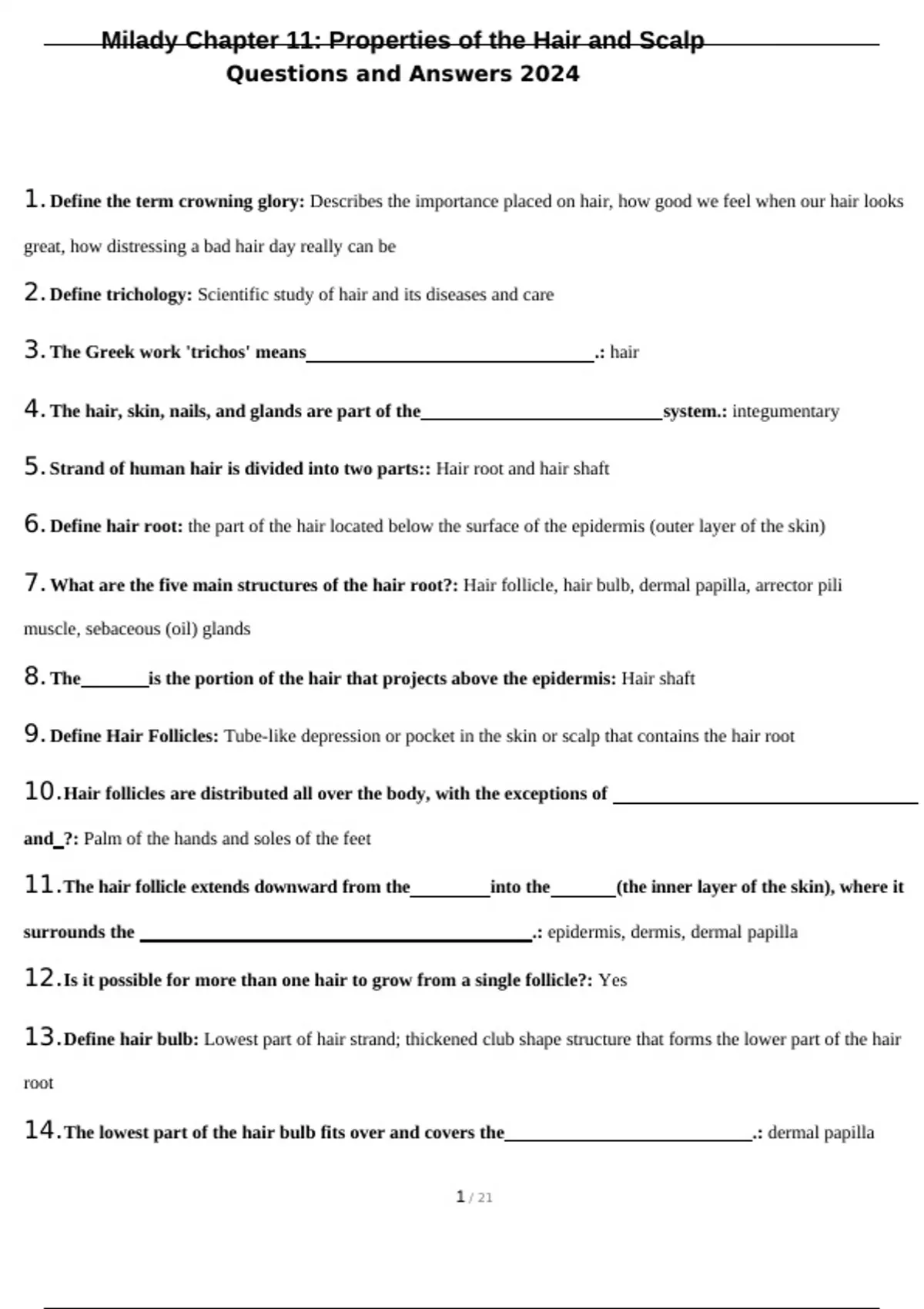 Milady Chapter 11: Properties of the Hair and Scalp Questions and ...