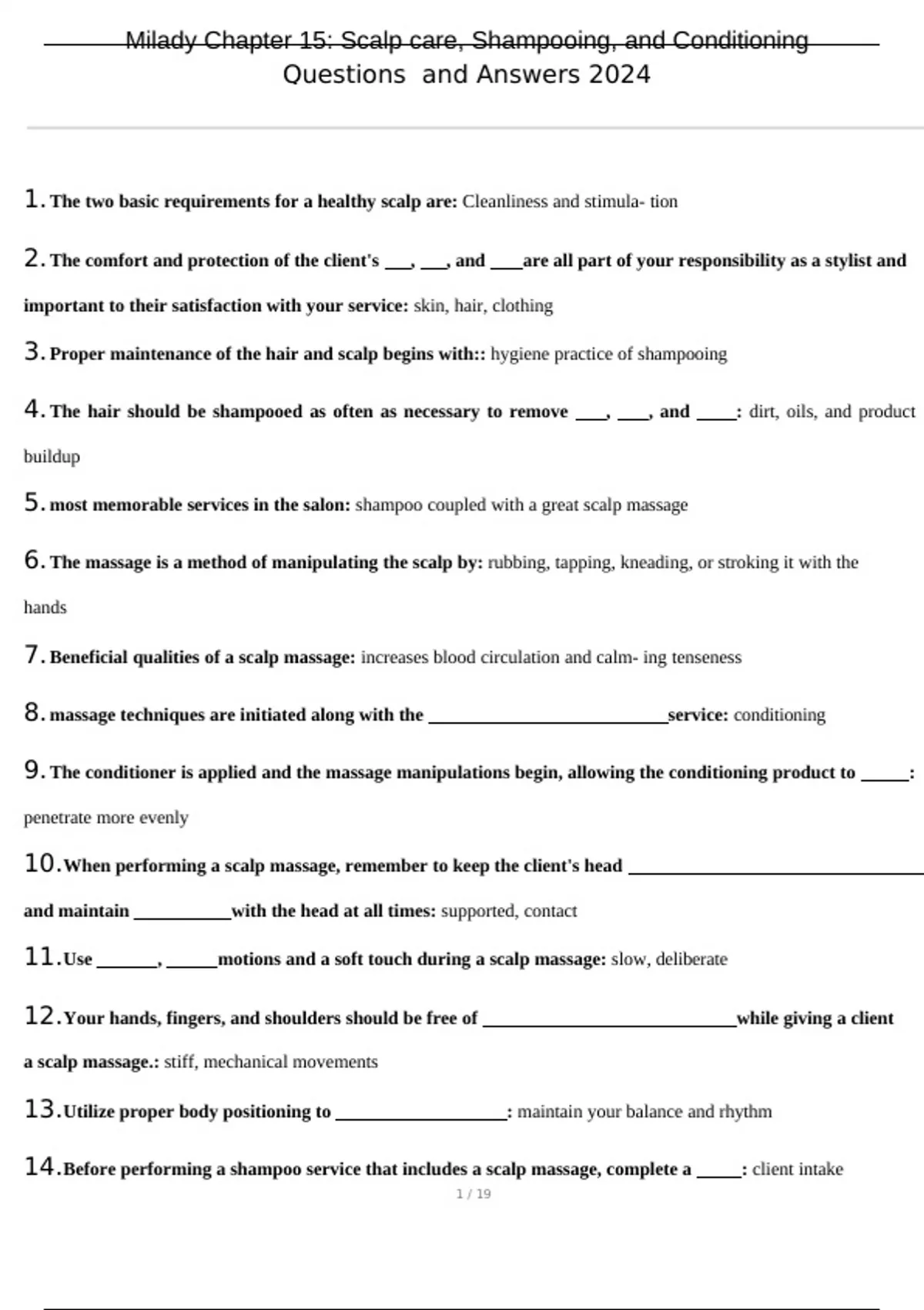 Milady Chapter 15: Scalp care, Shampooing, and Conditioning Questions ...