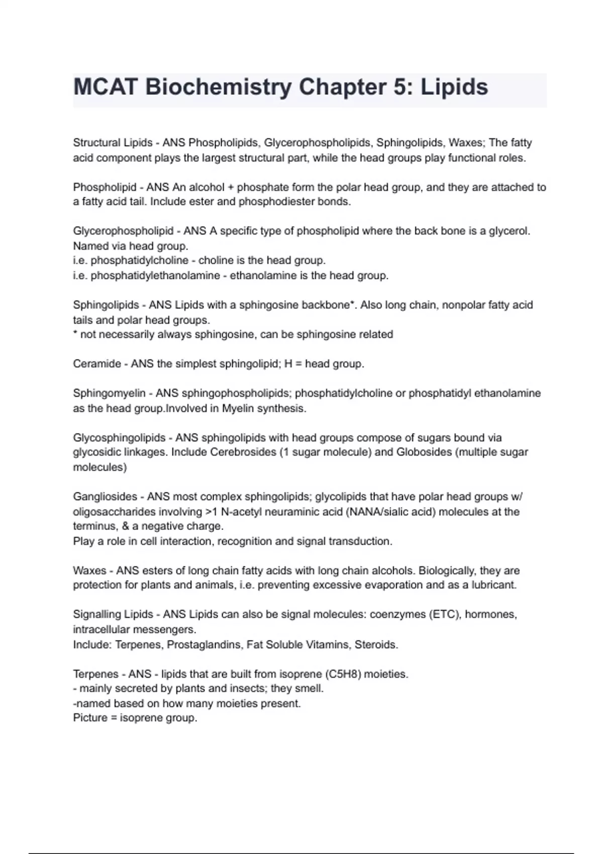 MCAT Biochemistry Chapter 5: Lipids Exam 2024/2025 Questions With ...