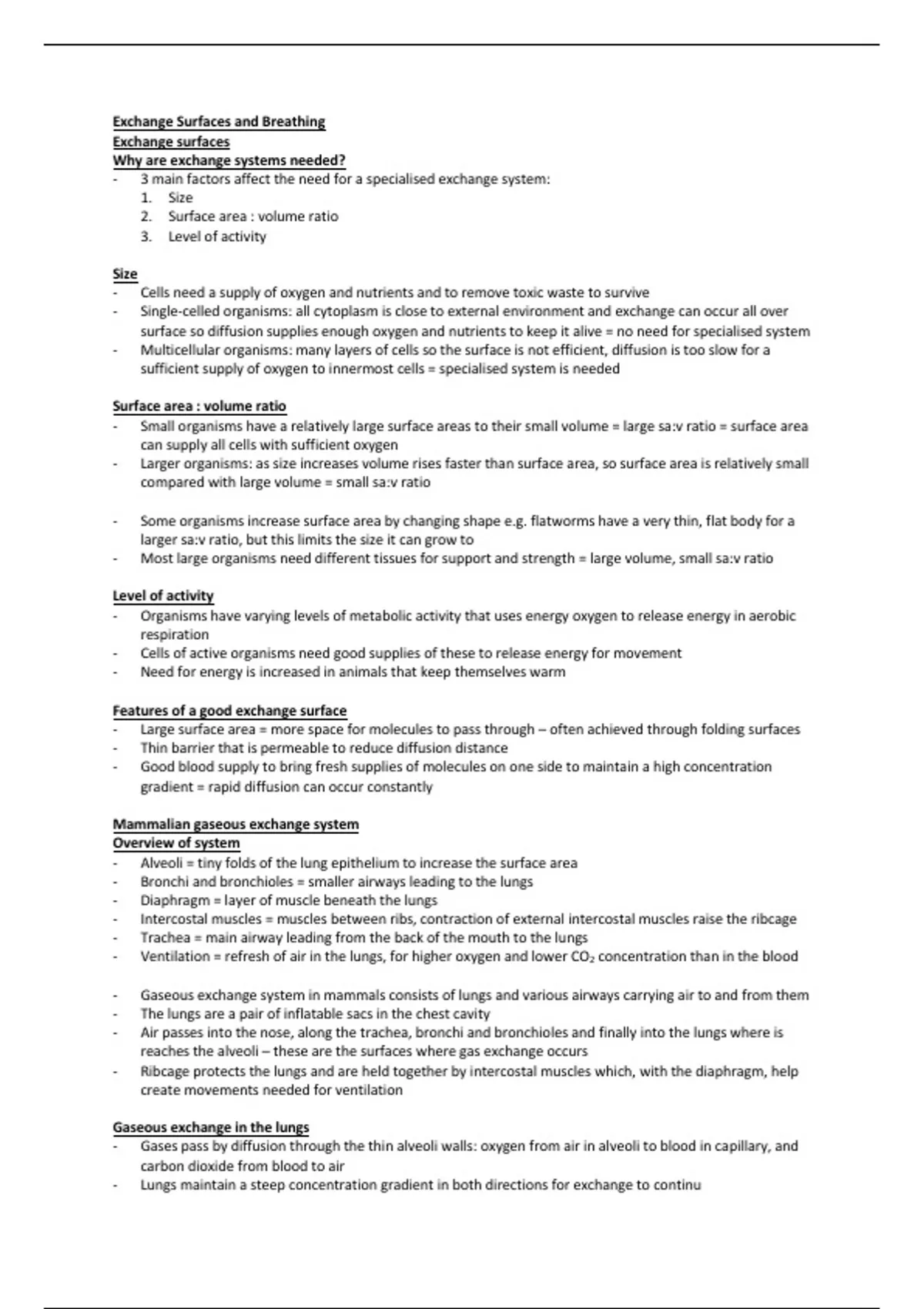 Summary OCR A Level Biology A* Exchange Surfaces and Breathing Detailed ...