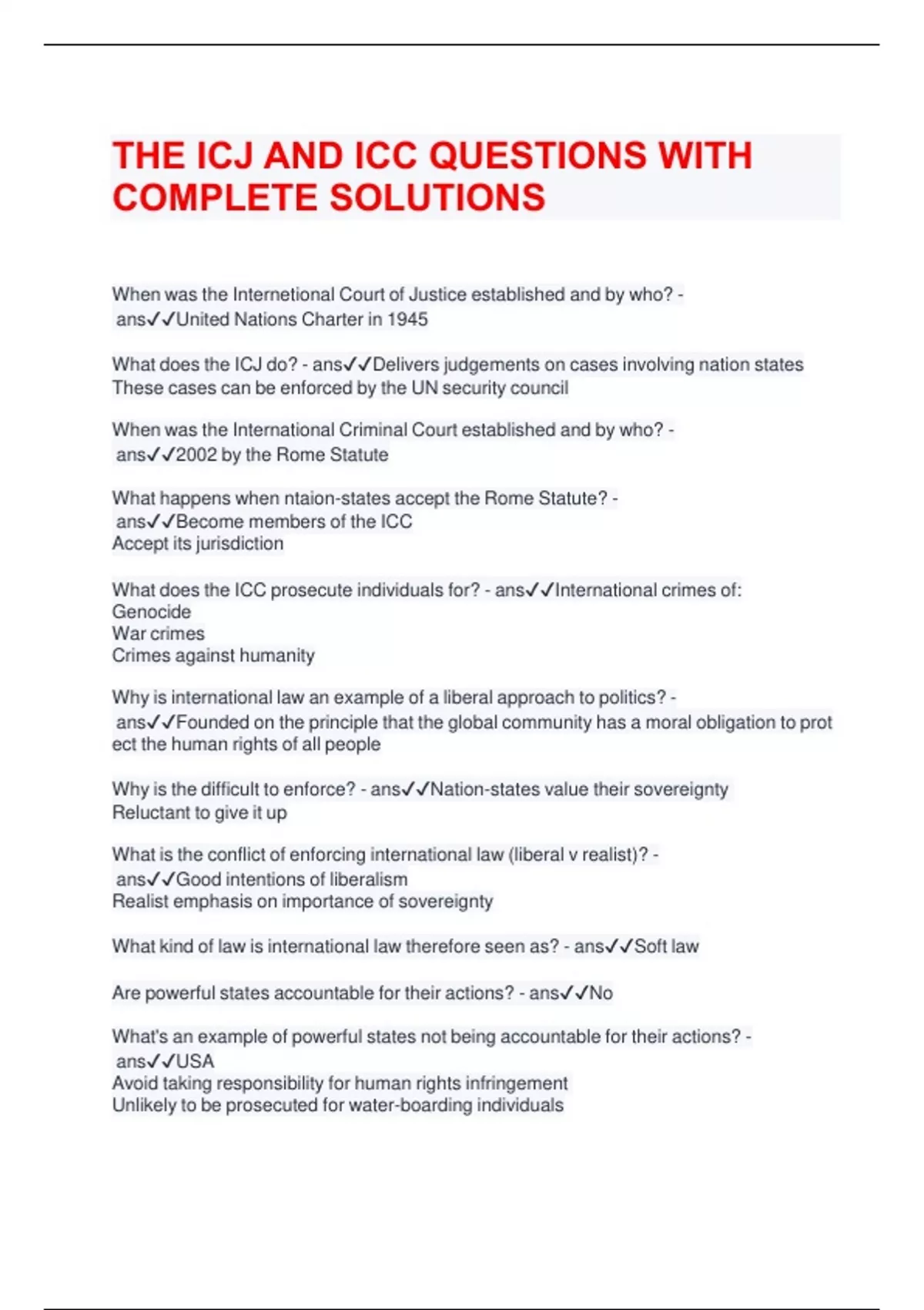 THE ICJ AND ICC QUESTIONS WITH COMPLETE SOLUTIONS - ICC - Stuvia US