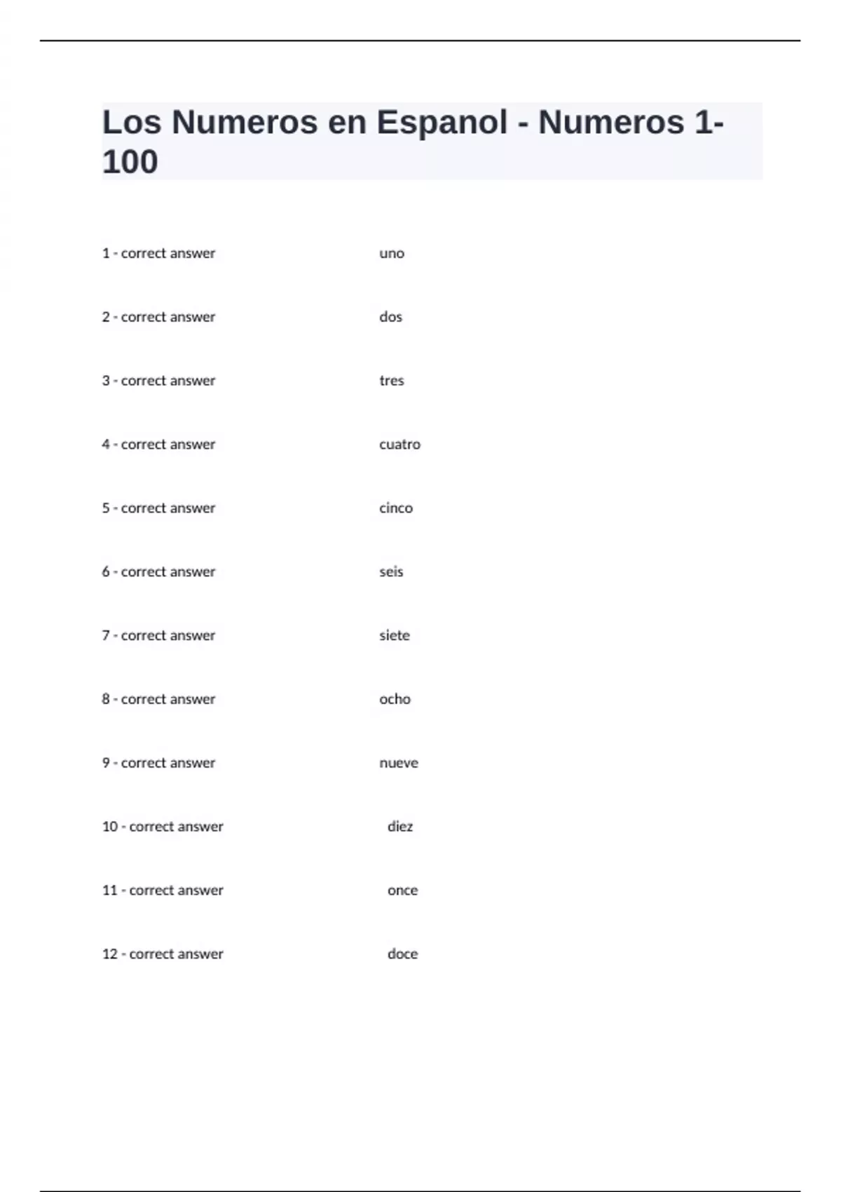 Los Numeros en Espanol - Numeros 1-100 Complete Questions And Answers ...