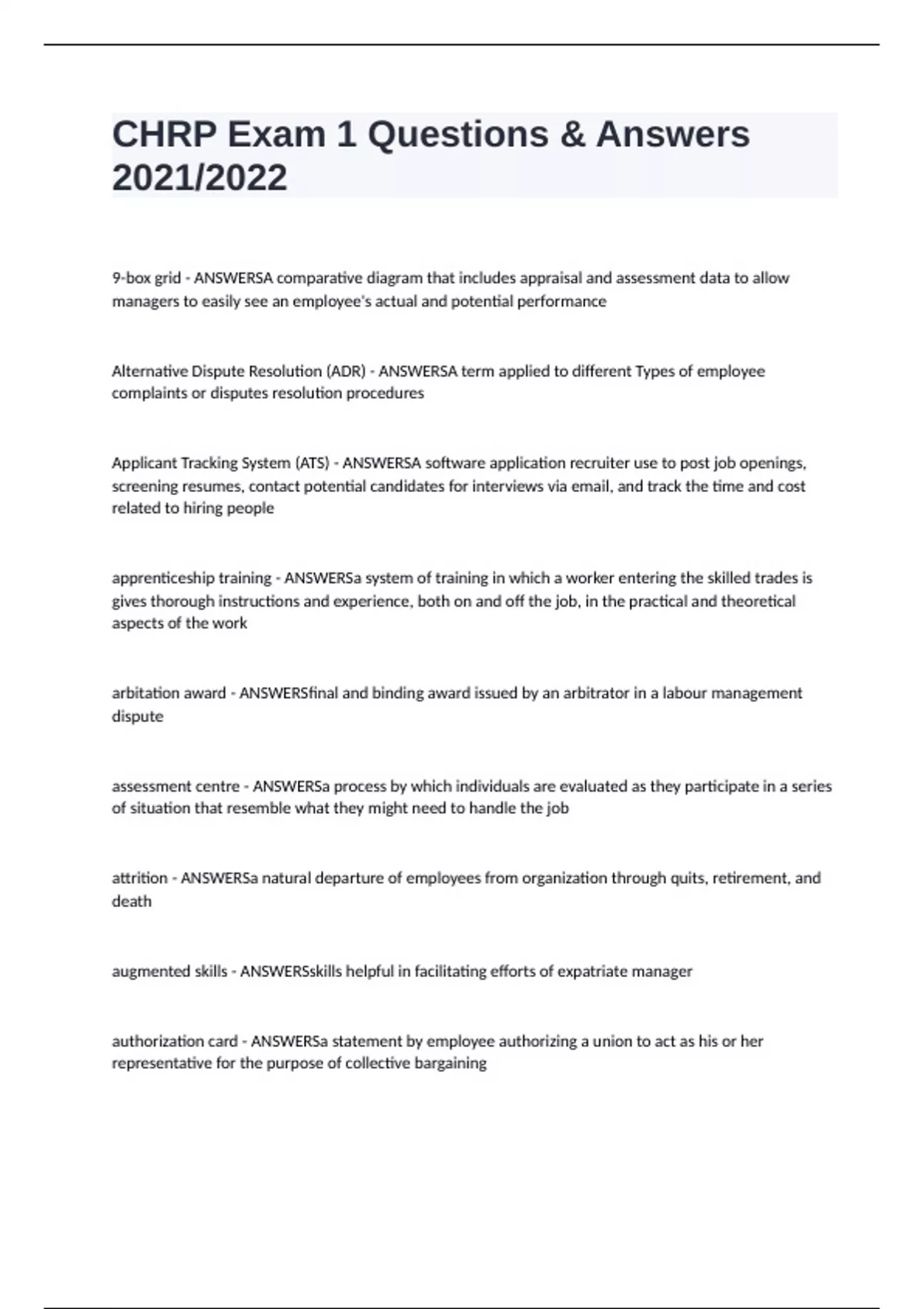 CHRP Exam 1 Questions & Answers 2021/2022 - CHRP - Stuvia US