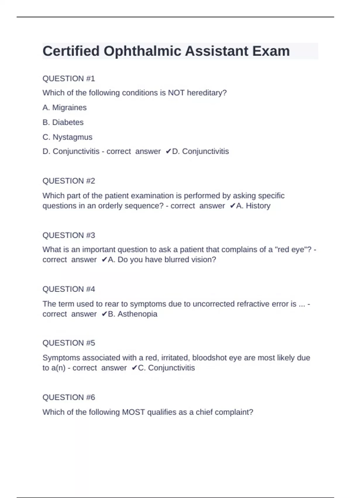 Certified Ophthalmic Assistant Exam Questions with complete solution ...