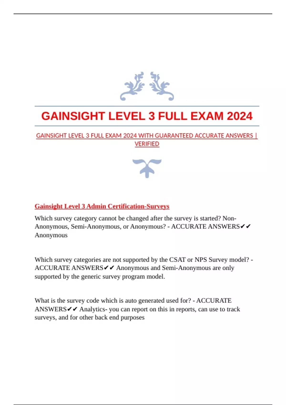 GAINSIGHT LEVEL 3 FULL EXAM 2024 WITH GUARANTEED ACCURATE ANSWERS ...