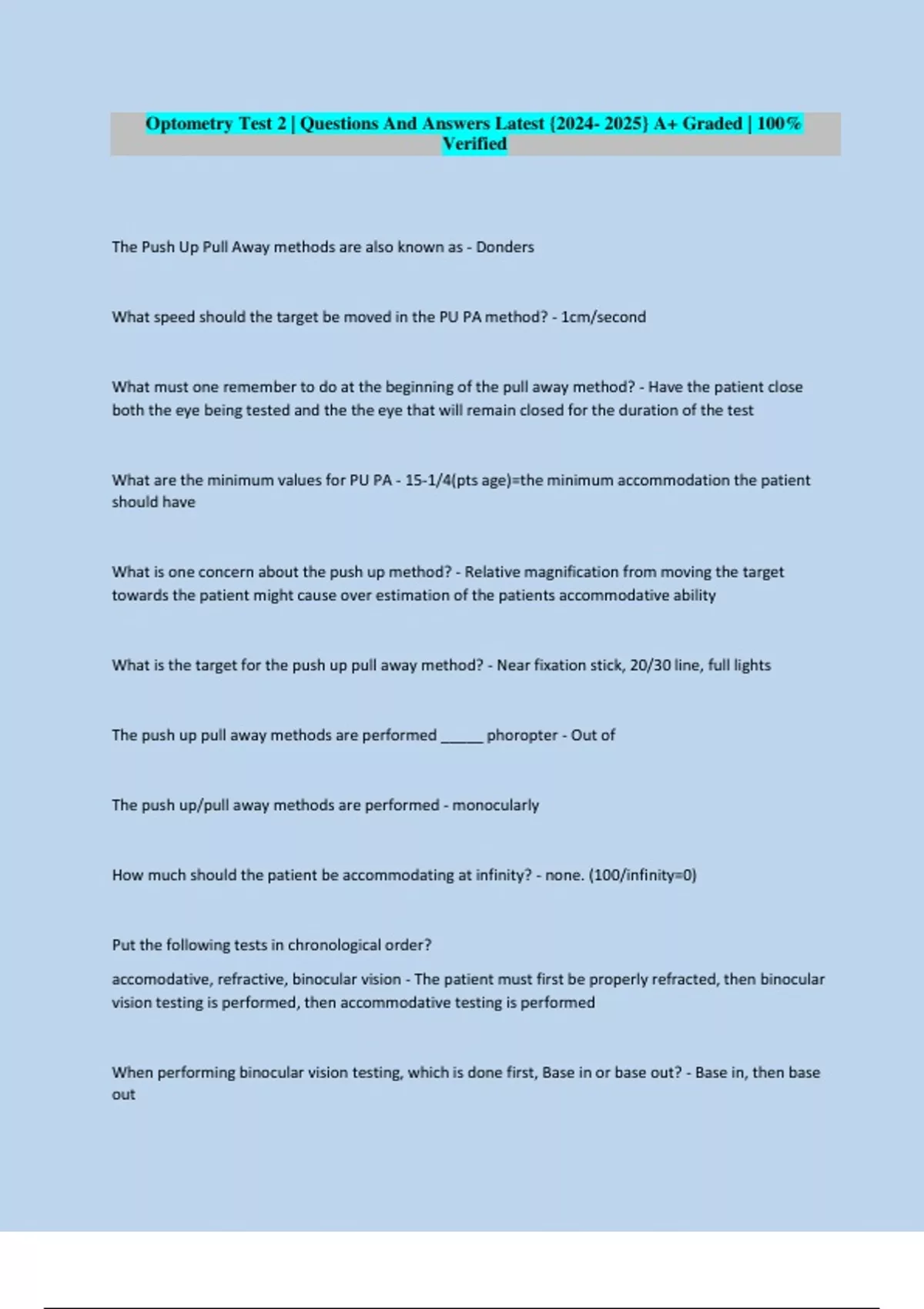 Optometry Test 2 | Questions And Answers Latest {} A+ Graded | 100% ...
