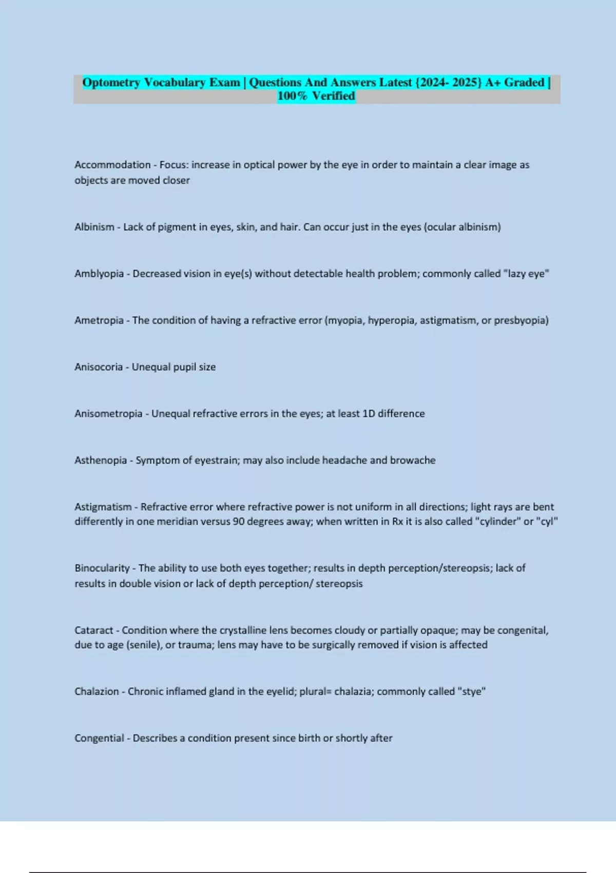 Optometry Vocabulary Exam | Questions And Answers Latest {} A+ Graded ...
