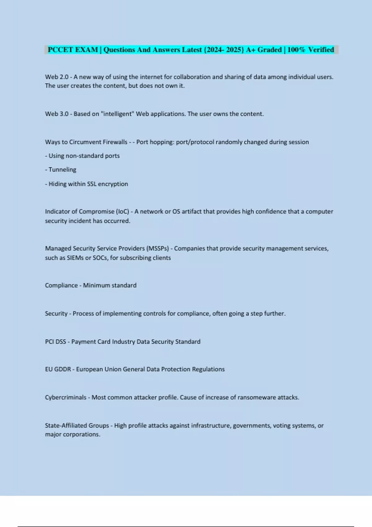 PCCET EXAM | Questions And Answers Latest {} A+ Graded | 100% Verified ...