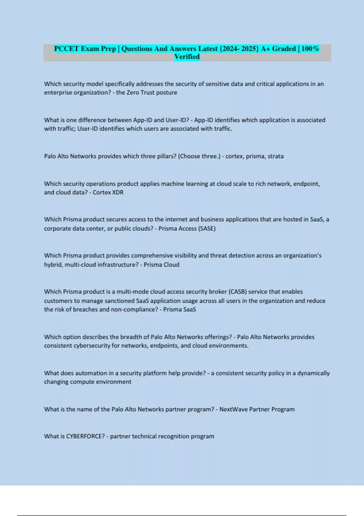 PCCET Exam Prep | Questions And Answers Latest {} A+ Graded | 100% ...