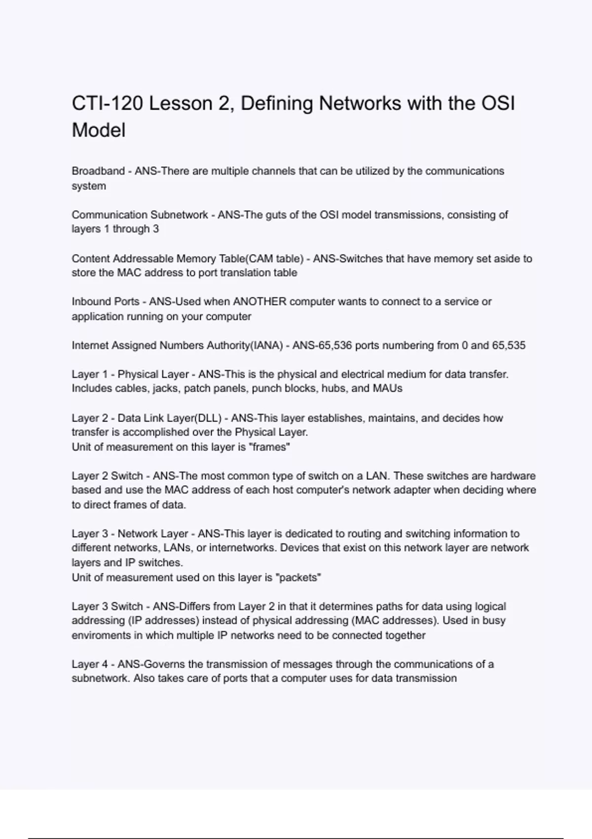 CTI-120 Lesson 2, Defining Networks with the OSI Model - CTI - 2024\\2025 - Stuvia US