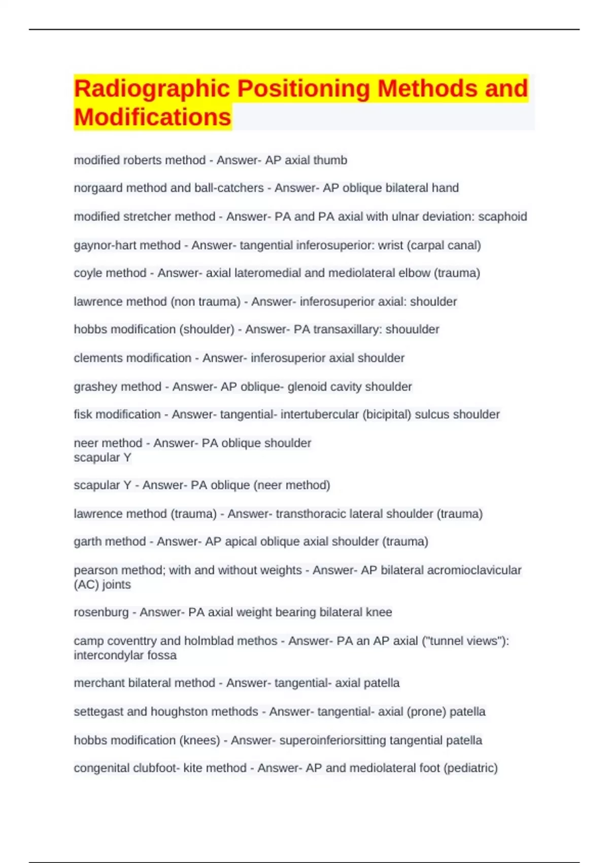 Radiographic Positioning Methods And Modifications Questions And Answers Radiographic