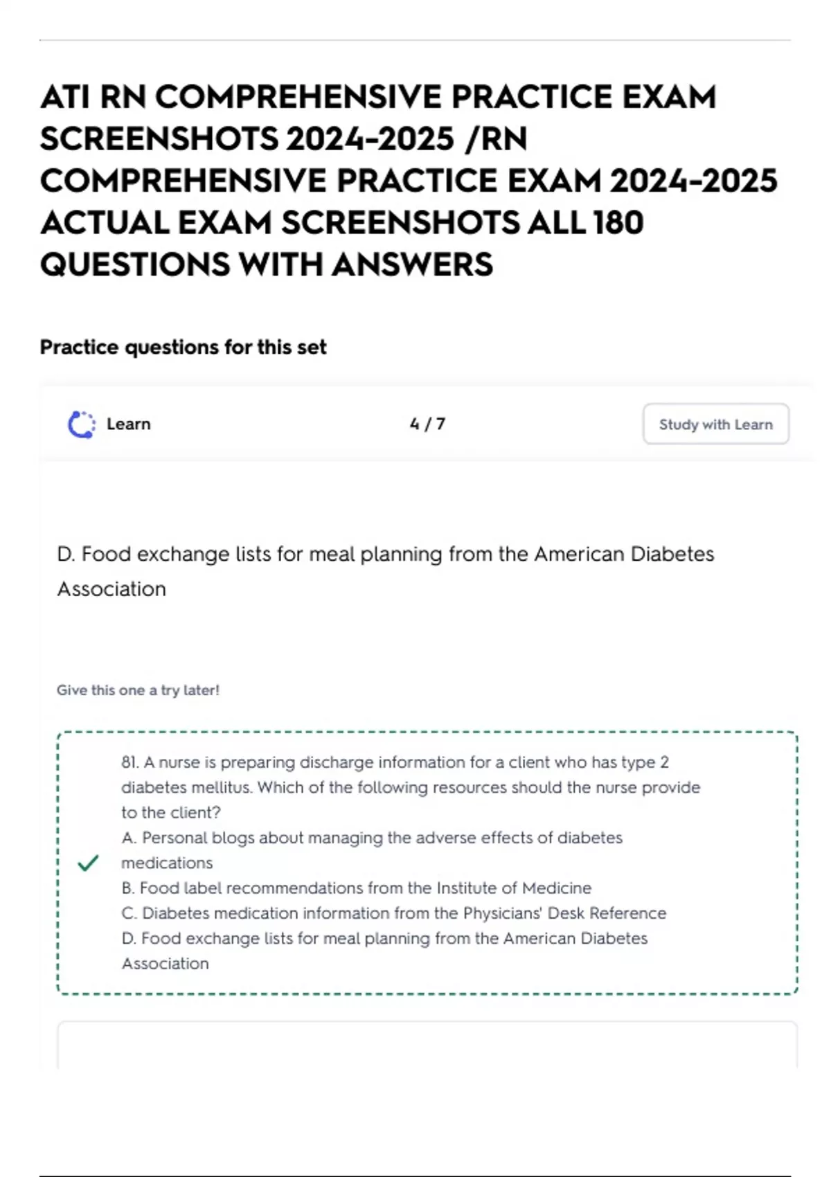 ATI RN COMPREHENSIVE PRACTICE EXAM SCREENSHOTS /RN COMPREHENSIVE PRACTICE EXAM ACTUAL EXAM ...