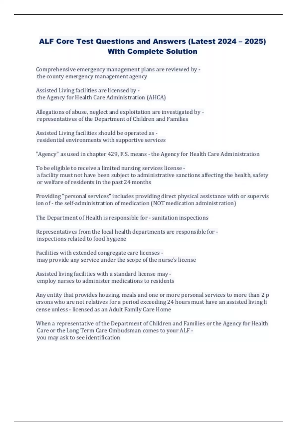 ALF Core Test Questions and Answers (Latest 2024 – 2025) With Complete ...