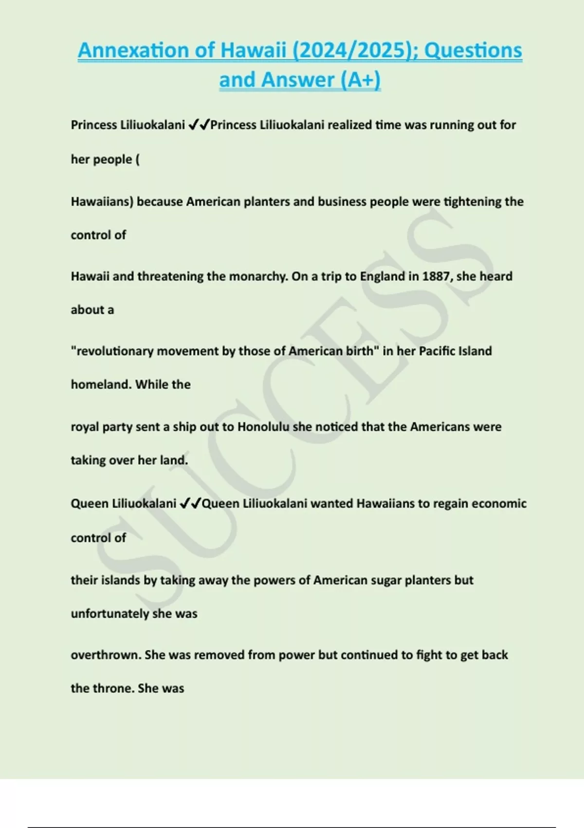 Annexation of Hawaii (2024/2025); Questions and Answer (A+ ...