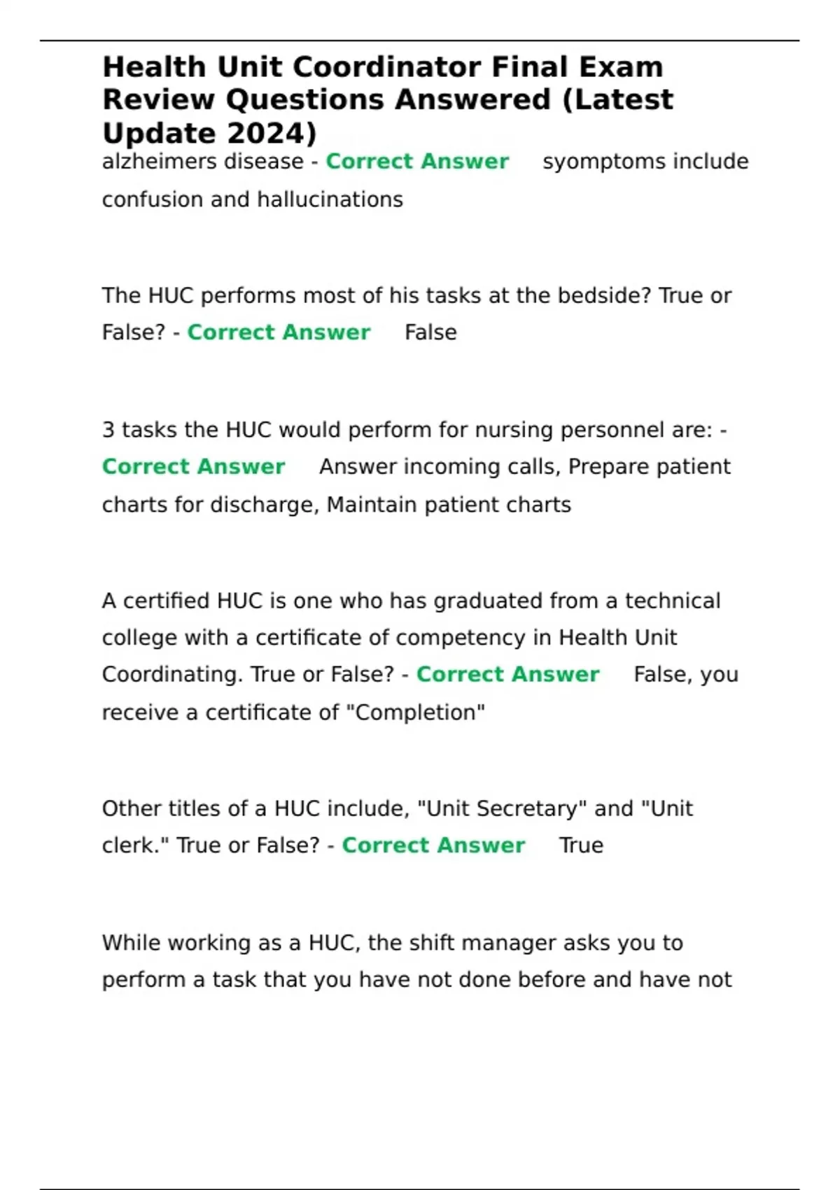Health Unit Coordinator Final Exam Review Questions Answered (Latest ...