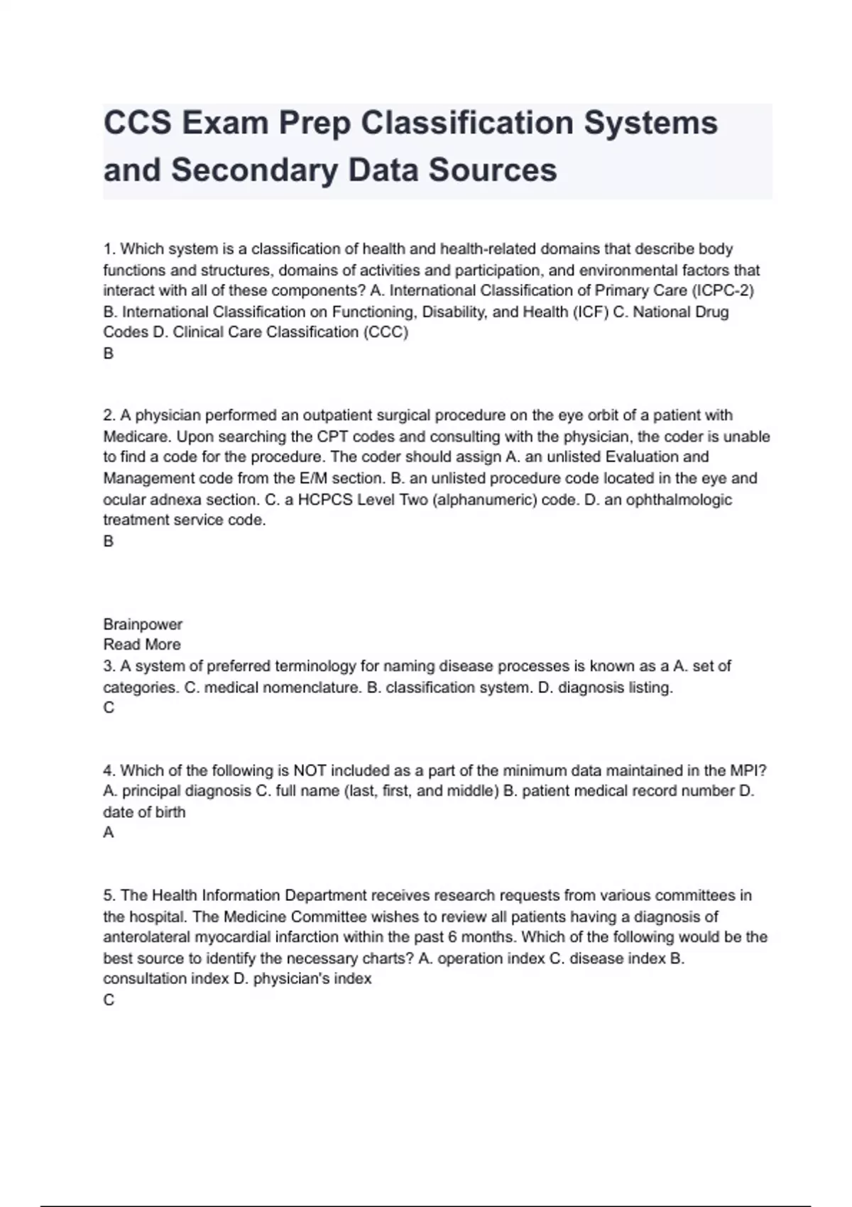 CCS Exam Prep Classification Systems and Secondary Data Sources 2024/2025 Questions With ...