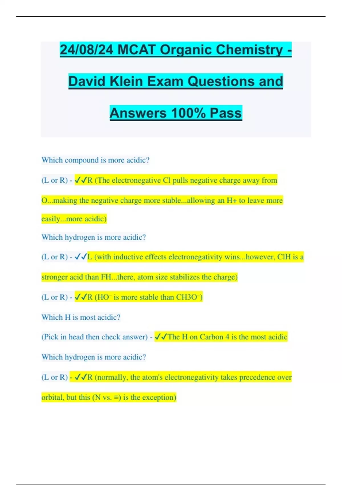 24/08/24 MCAT Organic Chemistry - David Klein Exam Questions and ...