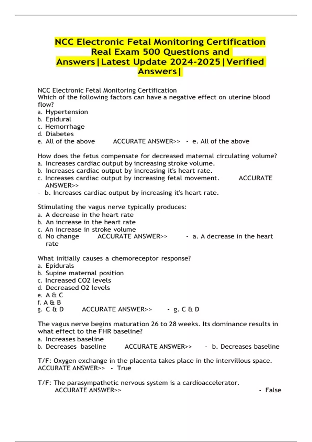 NCC Electronic Fetal Monitoring Certification Real Exam 500 Questions and Answers (2024/2025 ...