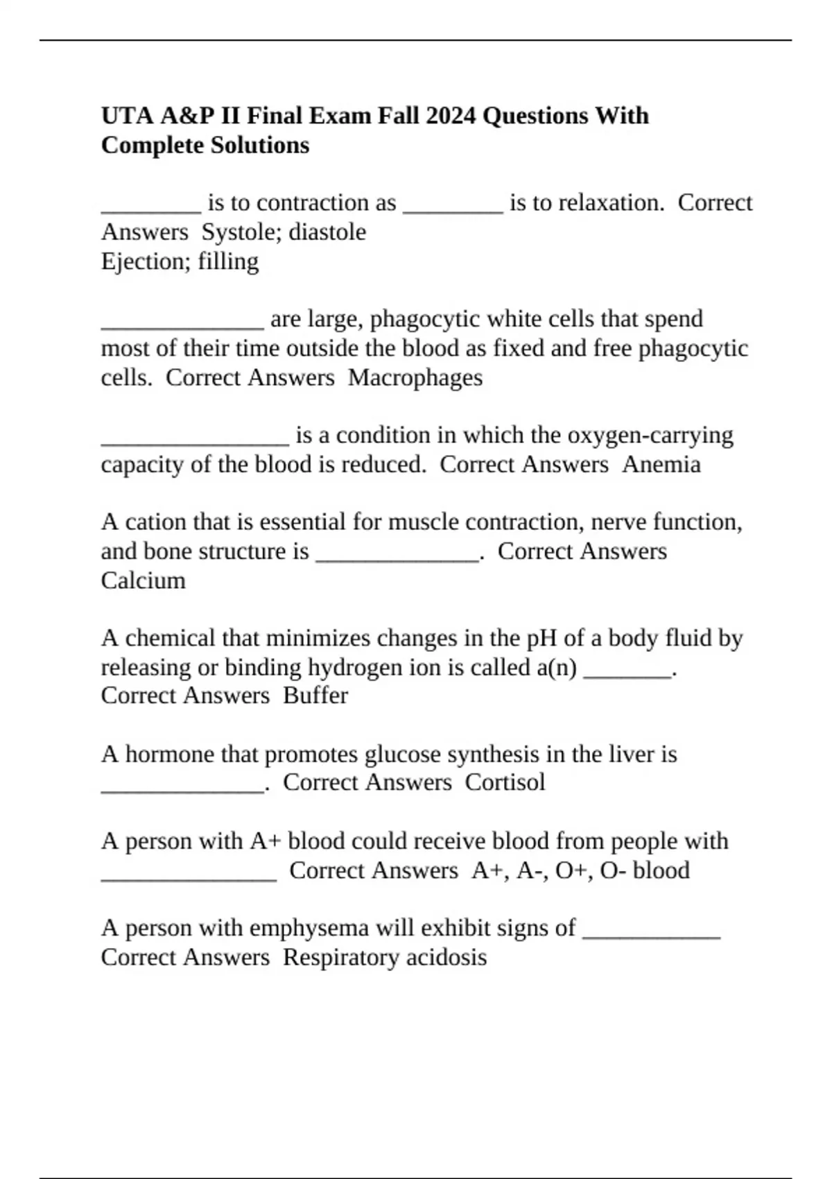 UTA A&P II Final Exam Fall 2024 Questions With Complete Solutions - A&P - Stuvia US