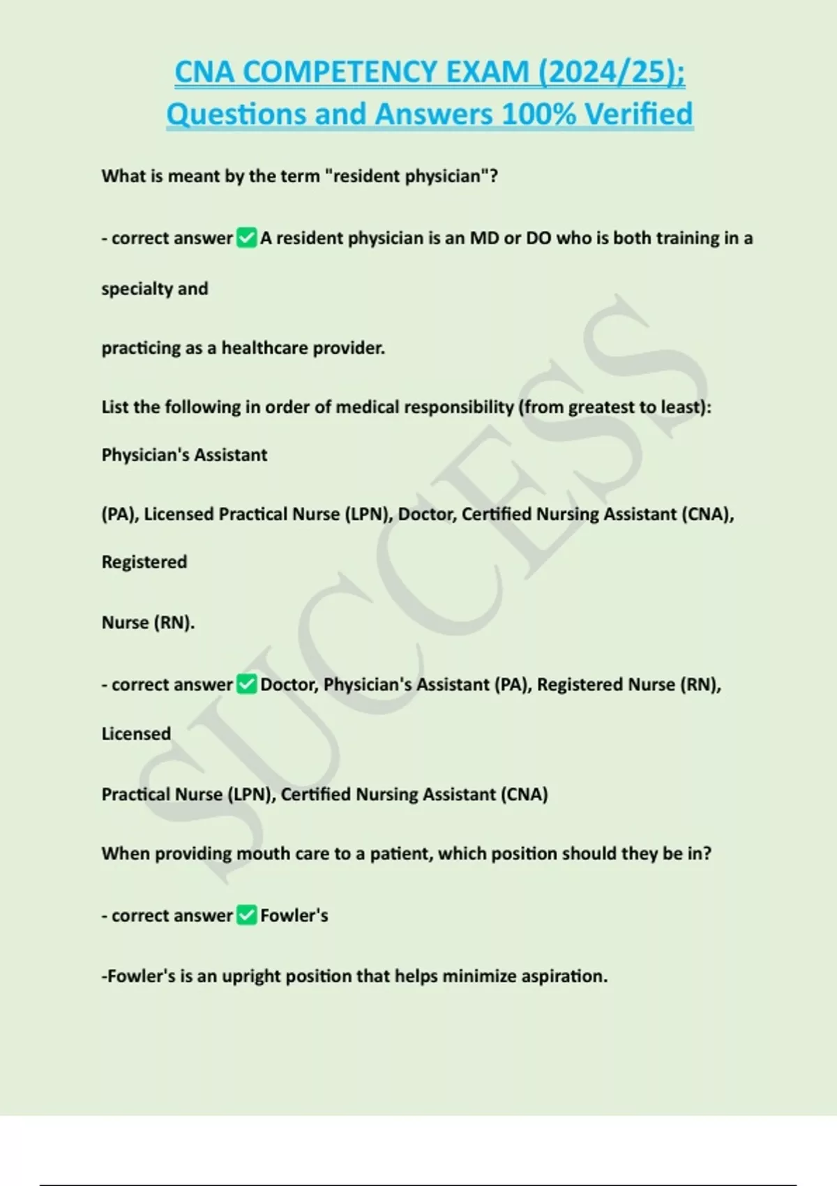 CNA COMPETENCY EXAM (2024/25); Questions and Answers 100% Verified ...