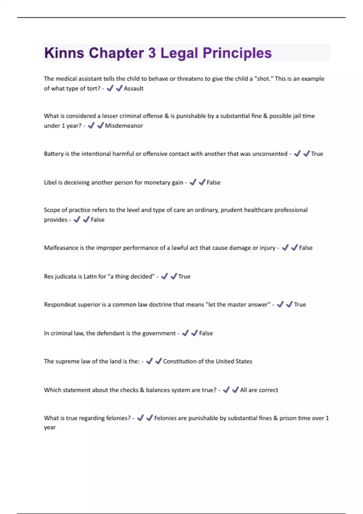Kinns Chapter 3 Legal Principles All Possible Questions and Answers with complete solution ...