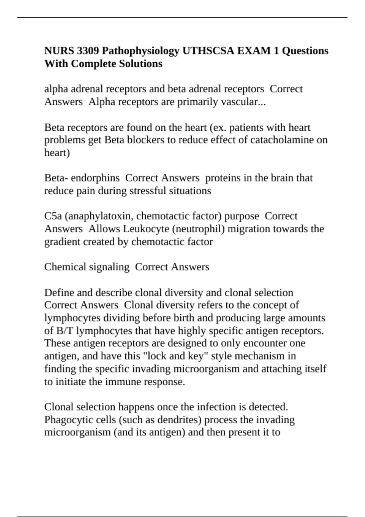 NURS 3309 Pathophysiology UTHSCSA EXAM 1 Questions With Complete ...