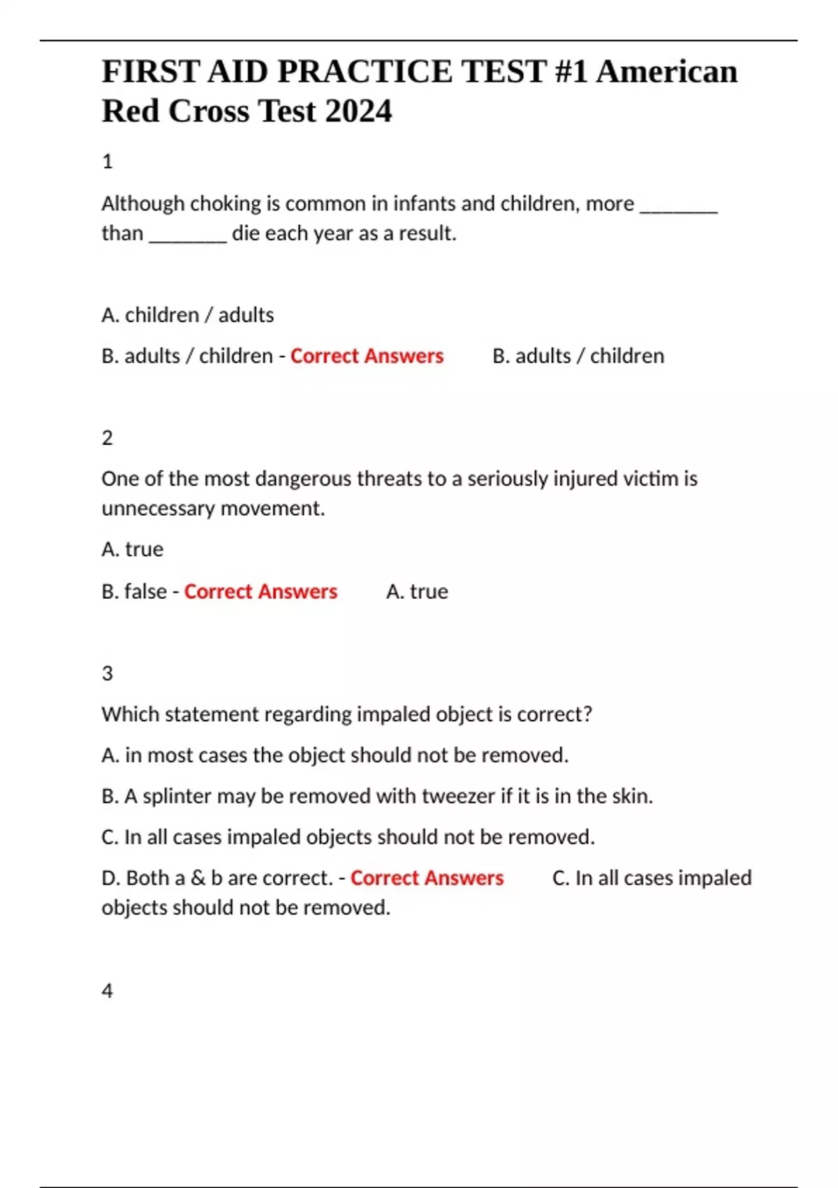 FIRST AID PRACTICE TEST #1 American Red Cross Test 2024 - FIRST AID ...
