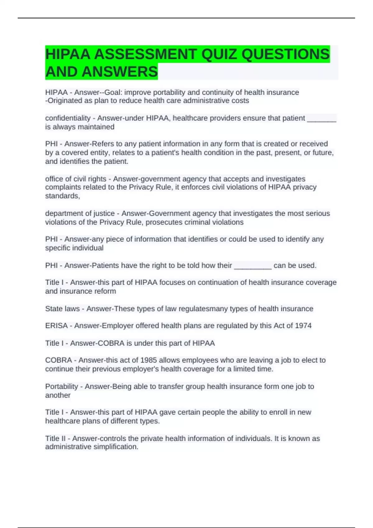 HIPAA ASSESSMENT QUIZ QUESTIONS AND ANSWERS - HIPAA - Stuvia US