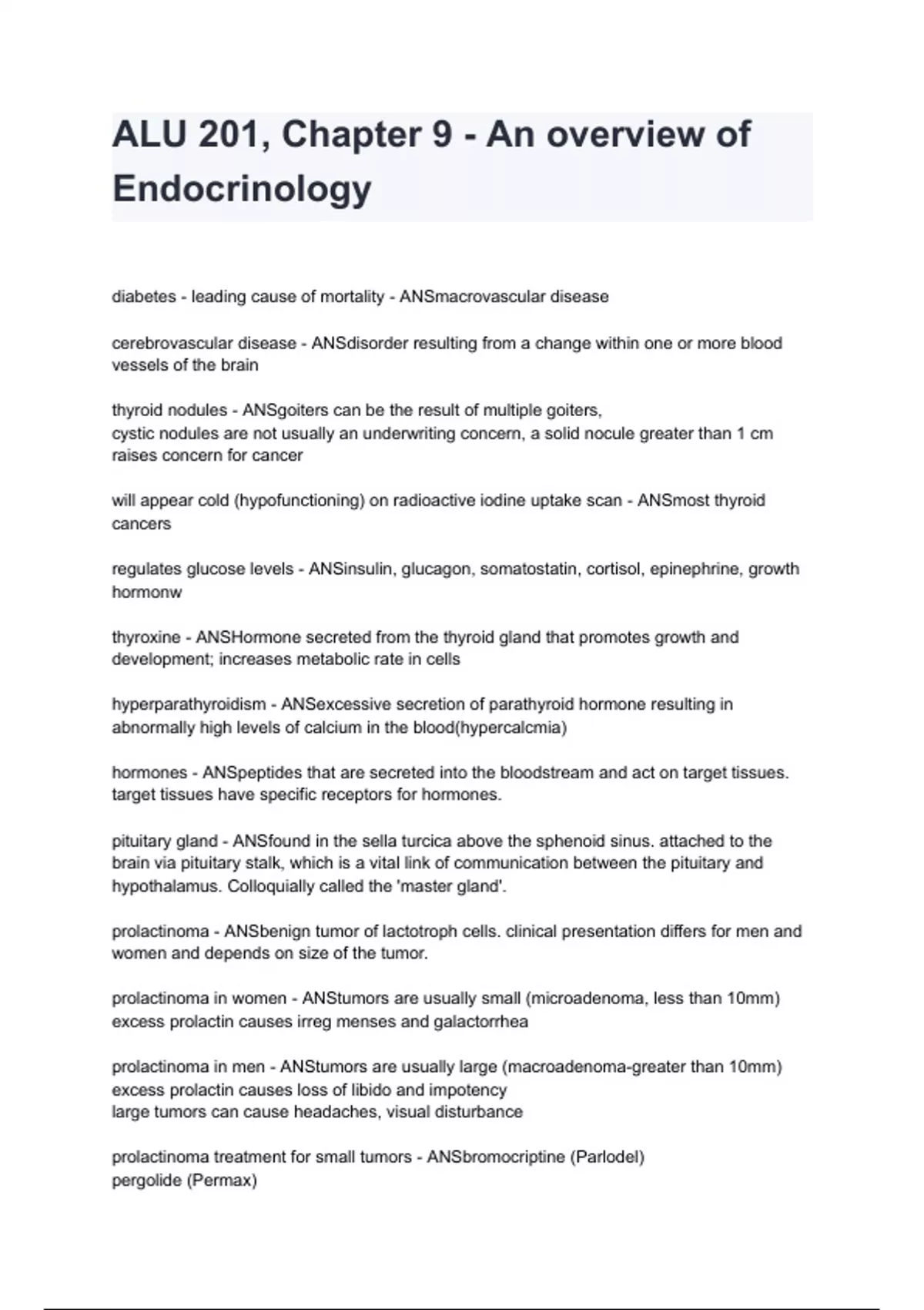 ALU 201, Chapter 9 - An overview of Endocrinology questions and answers ...