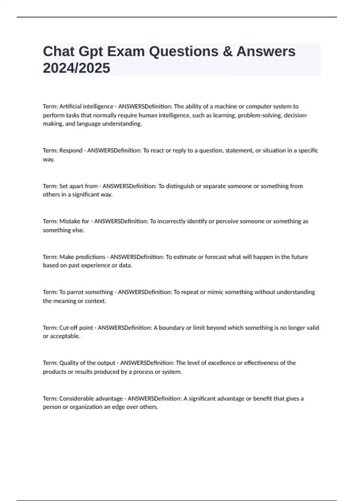Chat Gpt Exam Questions & Answers 2024/2025 - Chat Gpt - Stuvia US