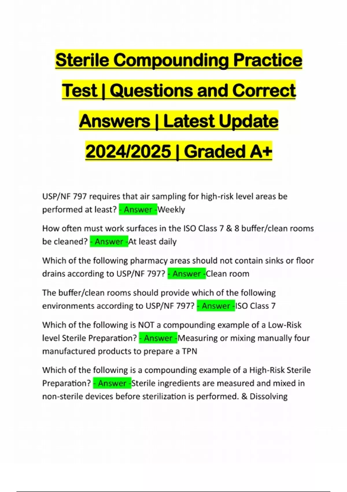 Sterile Compounding Practice Test | Questions and Correct Answers ...