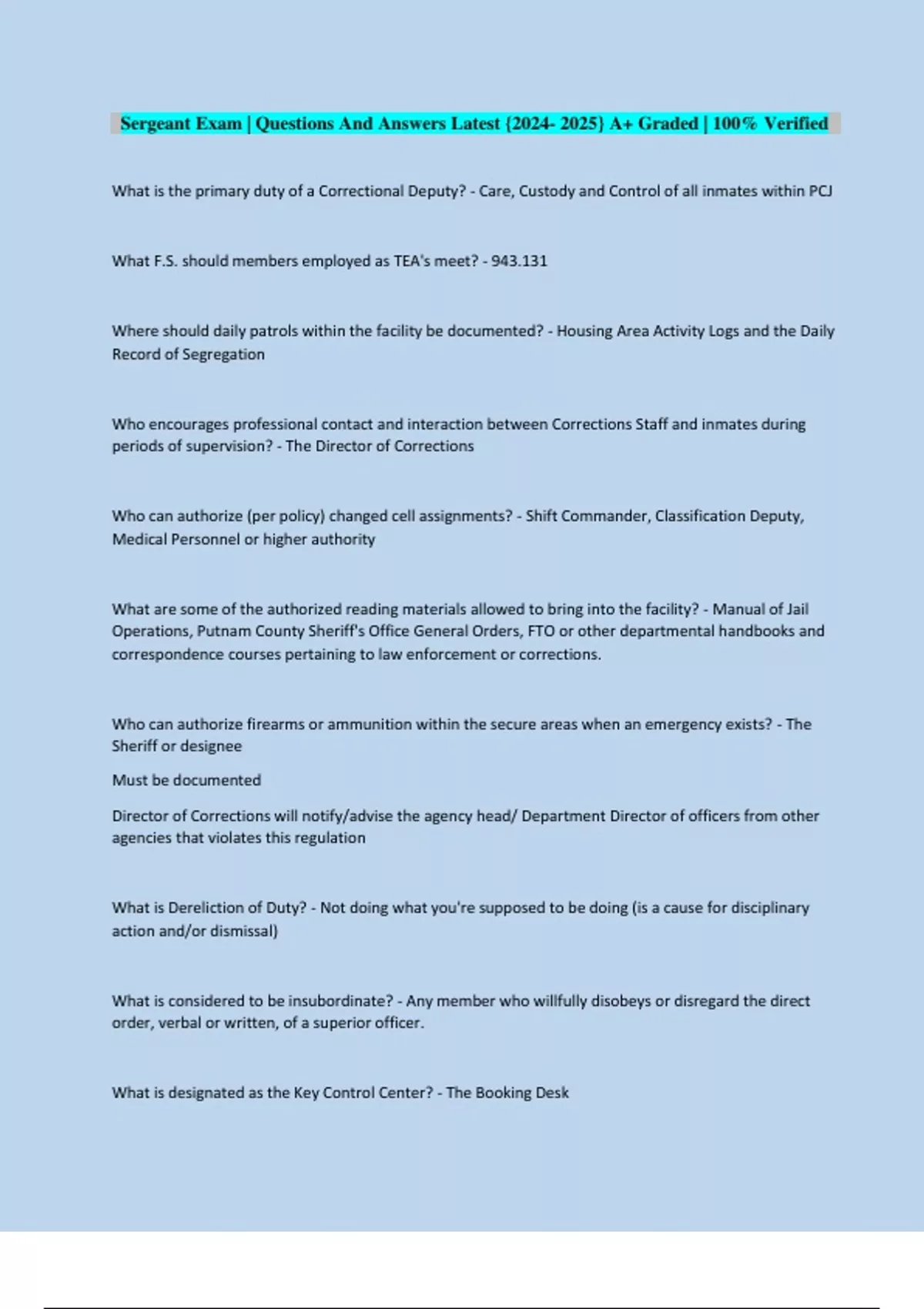 Sergeant Exam | Questions And Answers Latest {} A+ Graded | 100% ...