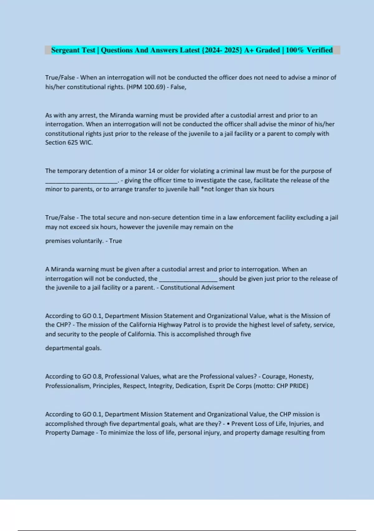 Sergeant Test | Questions And Answers Latest {} A+ Graded | 100% ...