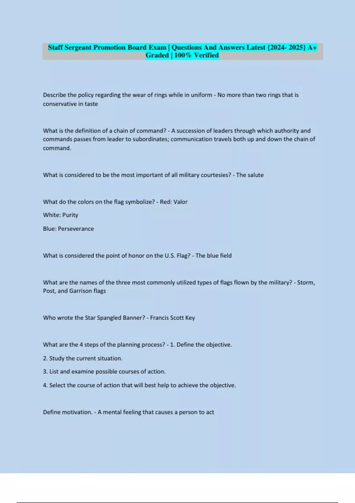 Staff Sergeant Promotion Board Exam | Questions And Answers Latest ...