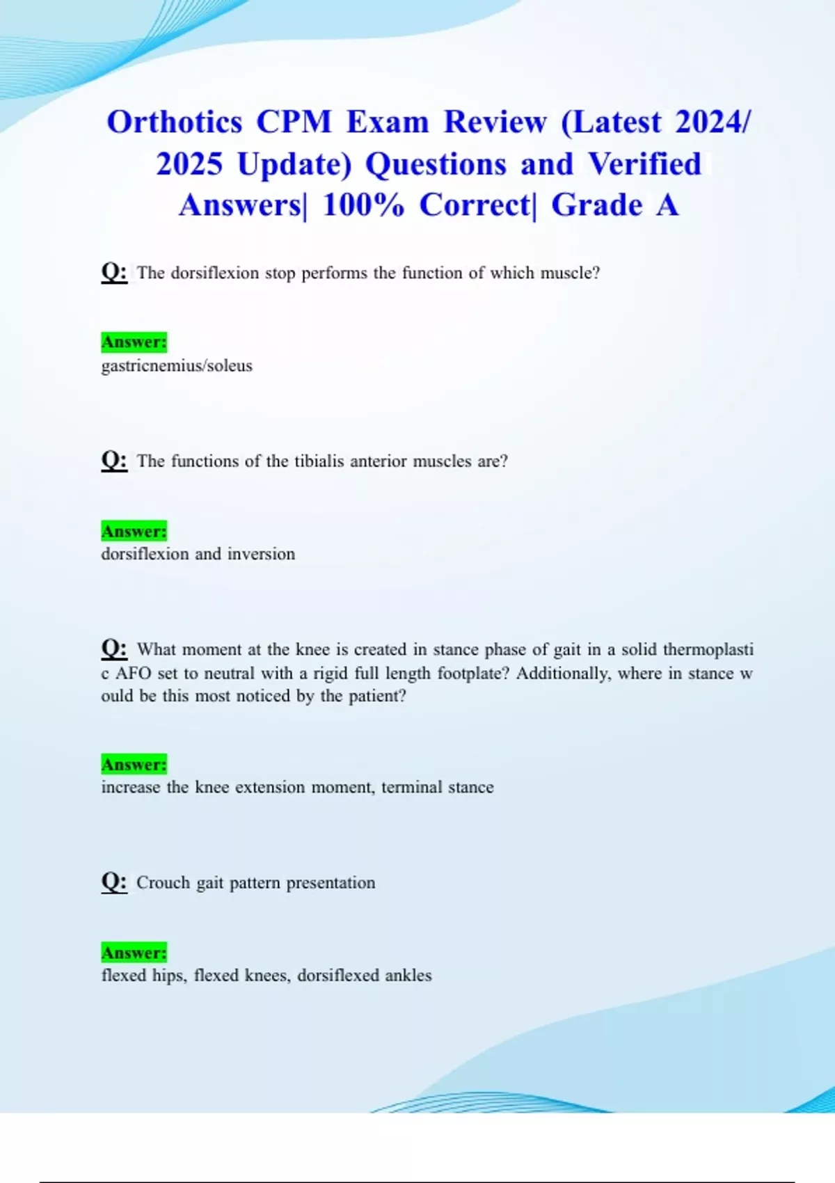 Orthotics CPM Exam Review (Latest 2024/ 2025 Update) Questions and ...