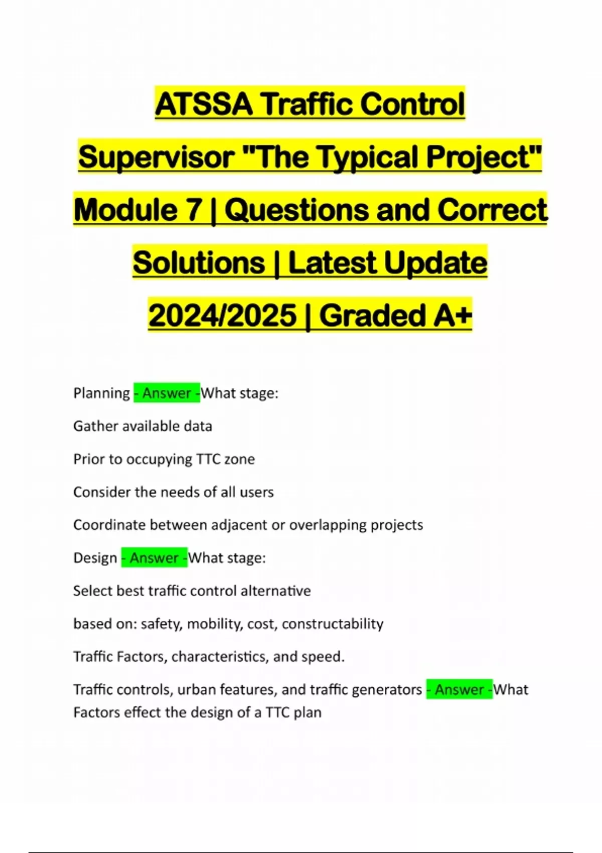 Atssa Traffic Control Supervisor The Typical Project Module 7 Questions And Correct